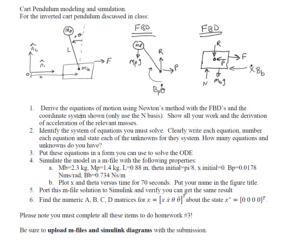 Solved Cart Pendulum modeling and simulation. For the | Chegg.com