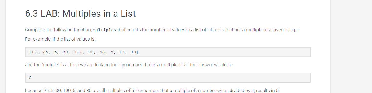 Solved 6.3 LAB: Multiples in a List Complete the following | Chegg.com