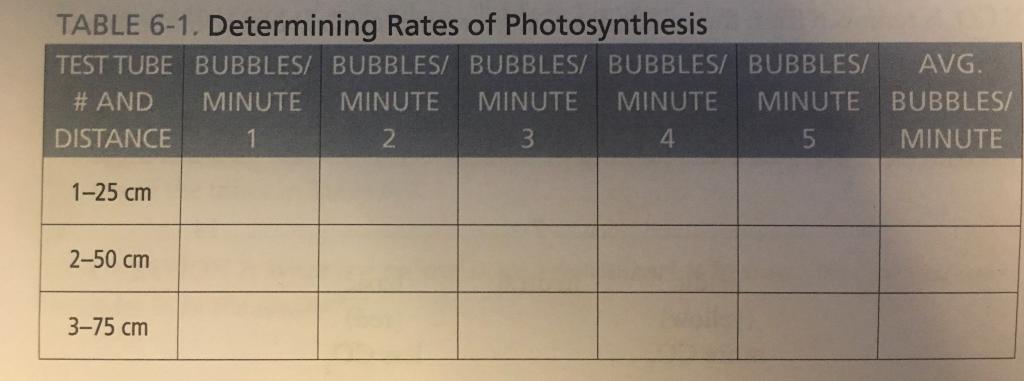 Solved TABLE 6-1. Determining Rates of Photosynthesis TEST | Chegg.com