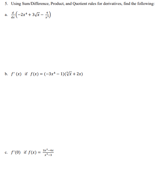 Solved 5. Using Sum/Difference, Product, and Quotient rules | Chegg.com