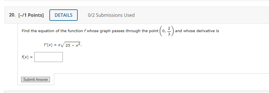 Solved 20. [-/1 Points] DETAILS 0/2 Submissions Used Find | Chegg.com