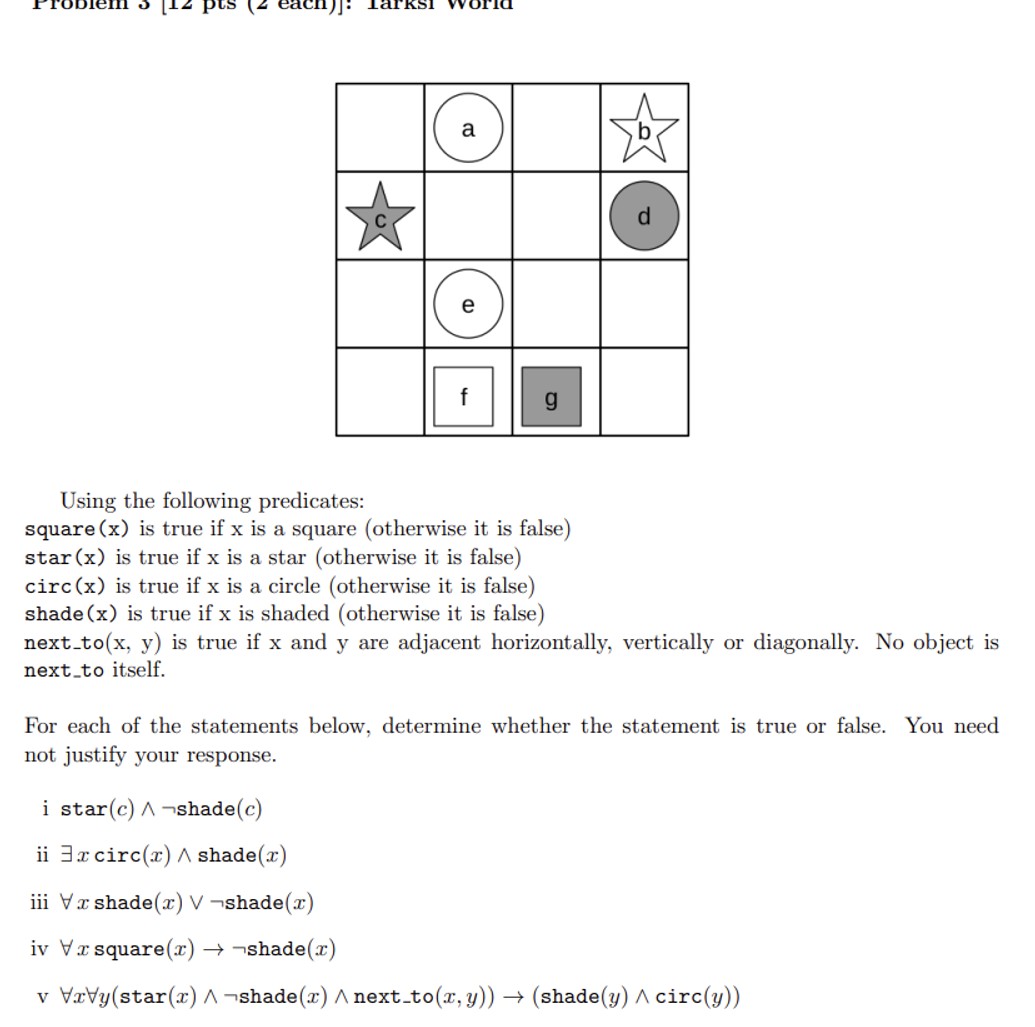Solved Problem 3 [12 ﻿pts (2 ﻿each)]: Tarksi WorldUsing the | Chegg.com