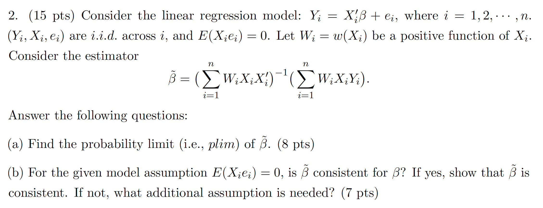 Solved 2. (15 pts) Consider the linear regression model: | Chegg.com