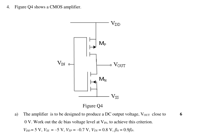 Solved 4. Figure Q4 shows a CMOS amplifier. Figure Q4 a) The | Chegg.com