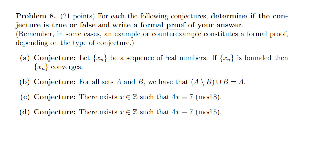 Solved Problem 8. (21 points) For cach the following | Chegg.com
