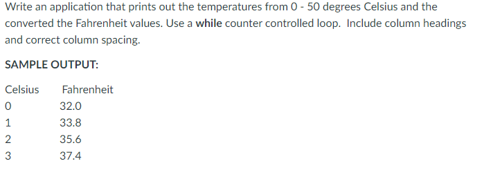 Solved Write an application that prints out the temperatures | Chegg.com