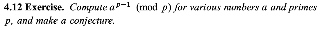 Solved 4.12 Exercise. Compute ap−1(modp) for various numbers | Chegg.com