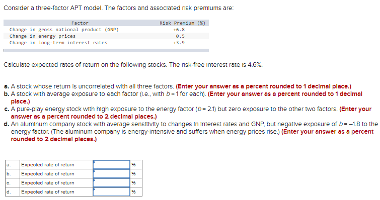Solved Consider a three-factor APT model. The factors and | Chegg.com