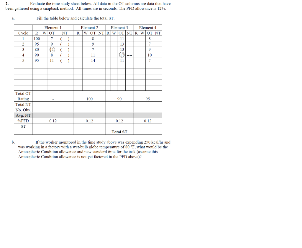2. Evaluate the time study sheet below. All data in | Chegg.com