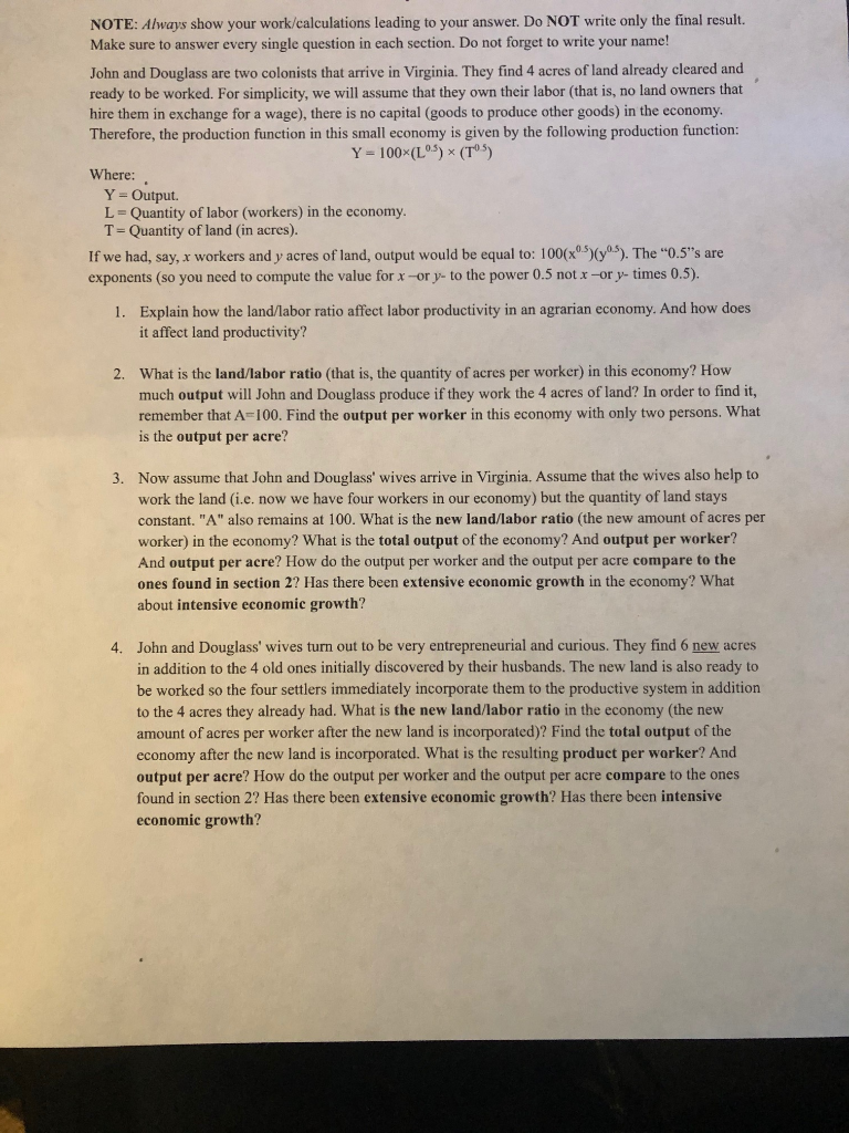 NOTE: Always show your work/calculations leading to | Chegg.com