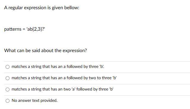 Solved A regular expression is given bellow: patterns = 'ab | Chegg.com