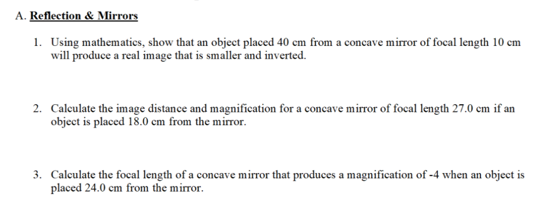 Solved A. Reflection & Mirrors 1. Using mathematics, show | Chegg.com