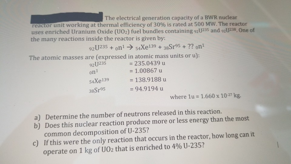 Solved The electrical generation capacity of a BWR nuclear | Chegg.com