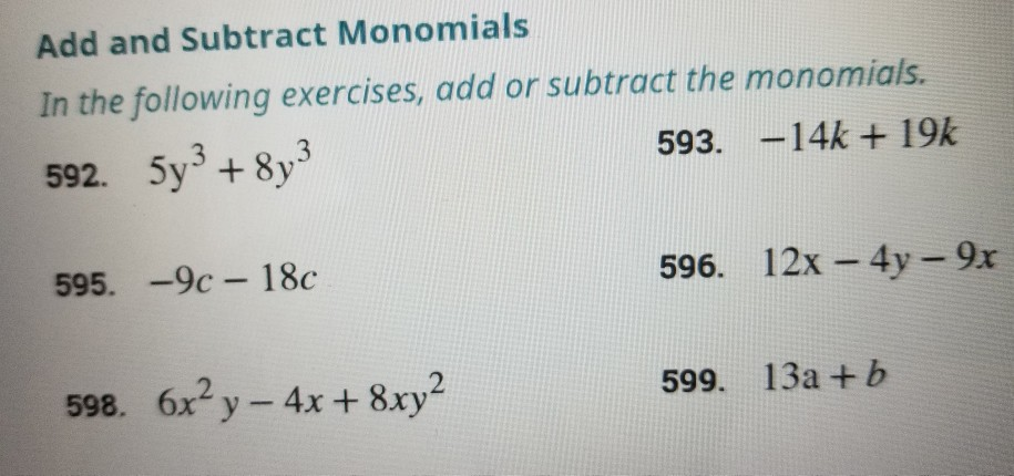 Solved Add and Subtract Monomials In the following | Chegg.com