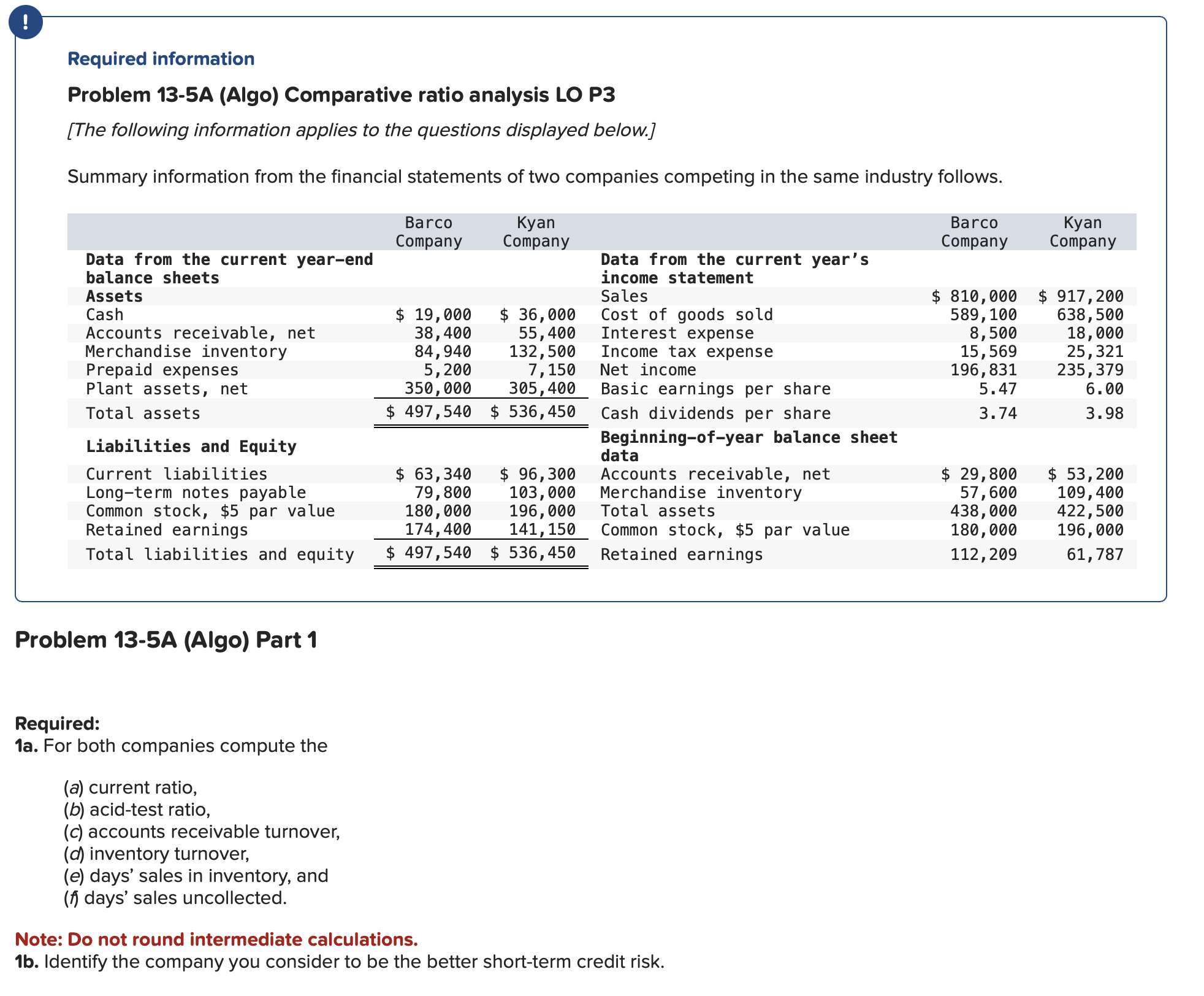 Problem 13-5A (Algo) ﻿Part 1Required:1a. ﻿For both | Chegg.com