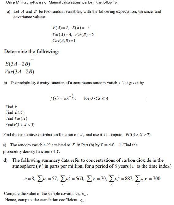 Solved Using Minitab software or Manual calculations, | Chegg.com