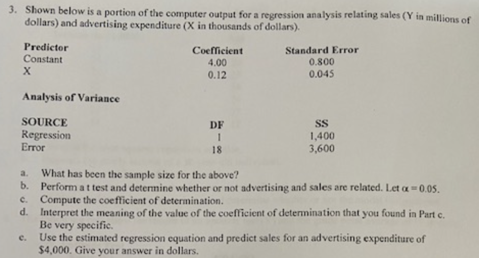 Solved 3. Shown below is a portion of the computer output | Chegg.com