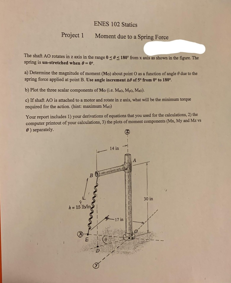 Solved ENES 102 Statics Project 1 Moment due to a Spring | Chegg.com