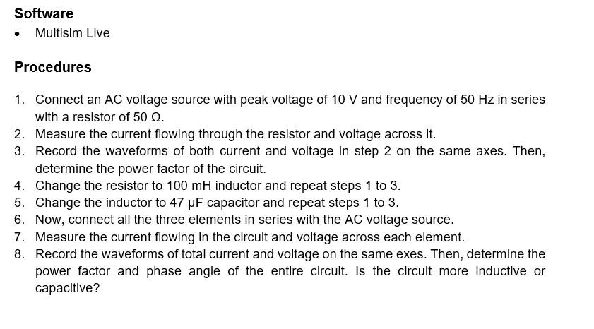 Solved Software • Multisim Live Procedures 1. Connect an AC | Chegg.com