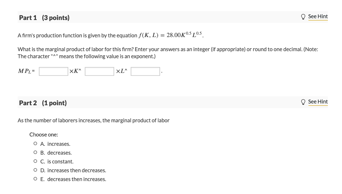 Solved Part 1 (3 points) See Hint Afirm's production | Chegg.com