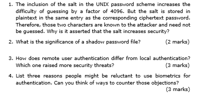 Solved 1. The inclusion of the salt in the UNIX password | Chegg.com