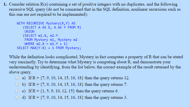 Solved 1. Consider relation R(a) containing a set of | Chegg.com
