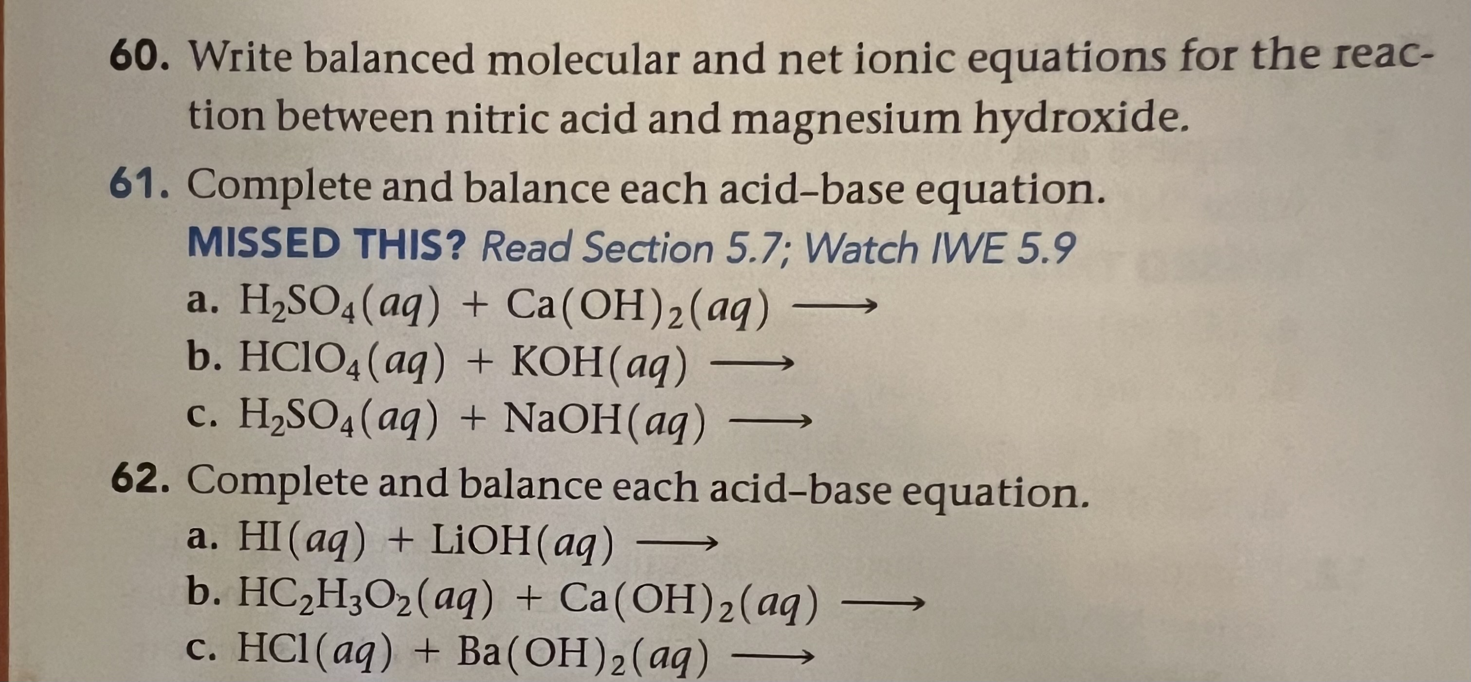 Solved 60. Write balanced molecular and net ionic equations | Chegg.com