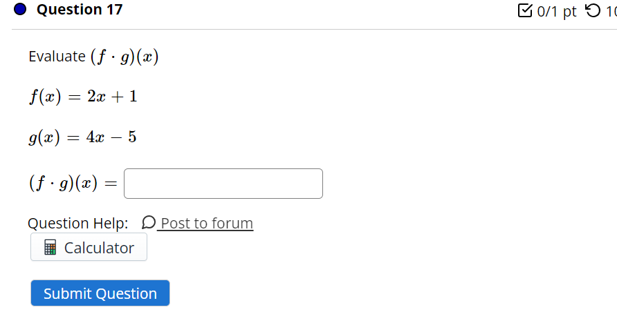 Solved Evaluate (f⋅g)(x) f(x)=2x+1g(x)=4x−5(f⋅g)(x)= | Chegg.com