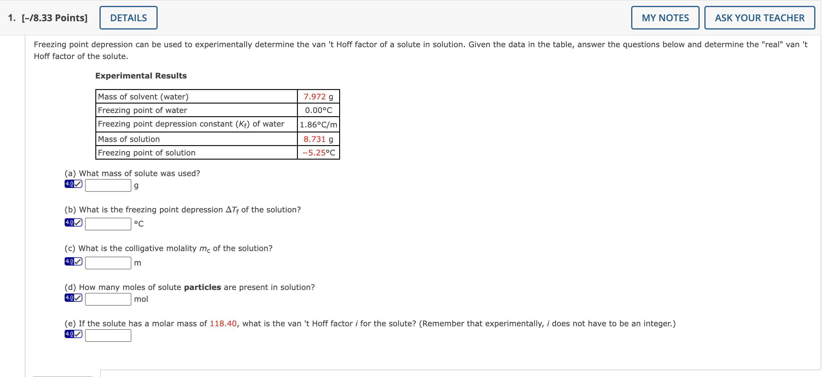 Solved Hoff factor of the solute.Experimental Results(a) | Chegg.com