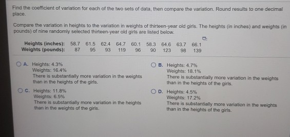 Solved Find The Coefficient Of Variation For Each Of The Two