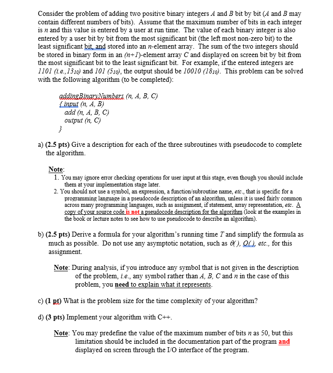 Solved Consider the problem of adding two positive binary | Chegg.com