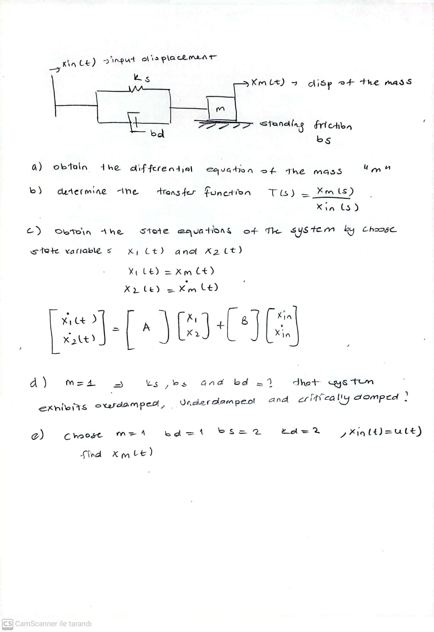 Solved xin (t)→ input olisplacement a) obtain the | Chegg.com