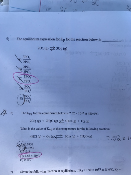 Solved The equilibrium expression for Kp for the reaction | Chegg.com
