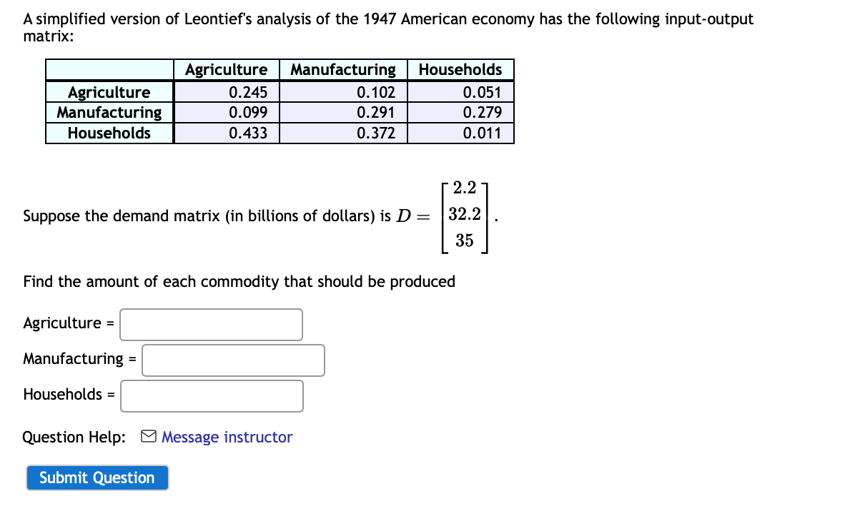 Solved A simplified version of Leontief's analysis of the | Chegg.com