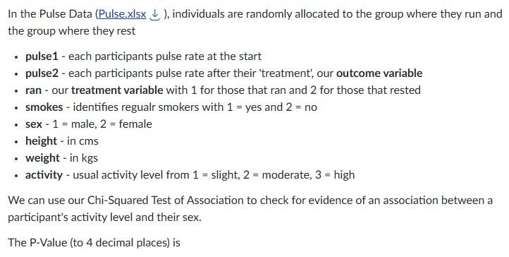 In the Pulse Data (Pulse.xlsx ↓ ), individuals are | Chegg.com