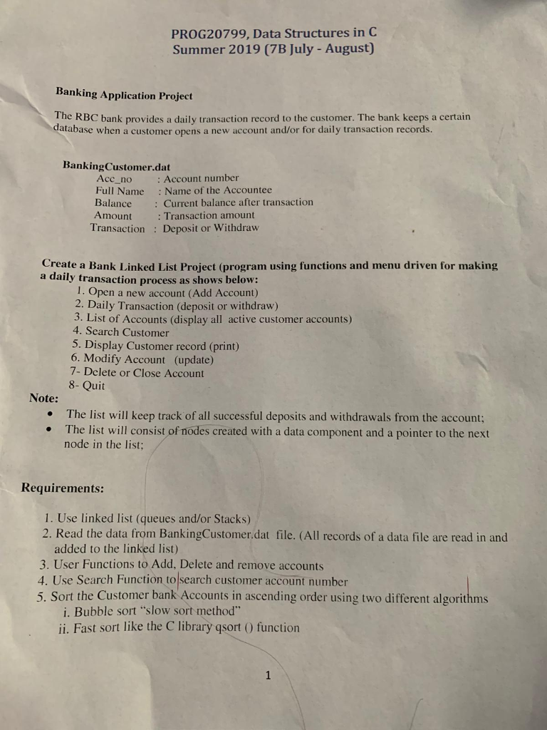 PROG20799, Data Structures in C Summer 2019 (7B July | Chegg.com