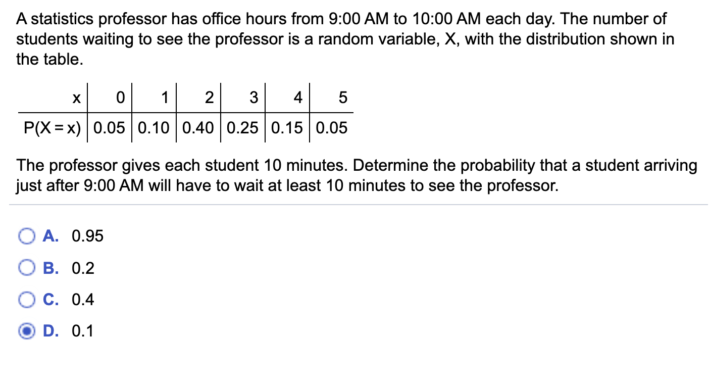 Solved A statistics professor has office hours from 9:00 AM | Chegg.com