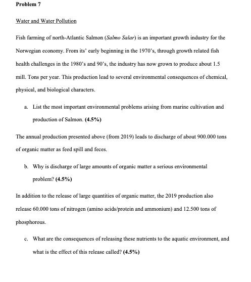 Solved Problem 7 Water and Water Pollution Fish farming of | Chegg.com