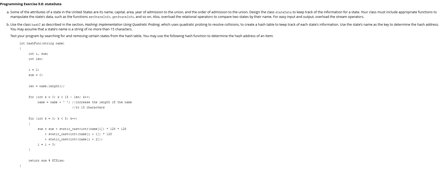 Solved Programming Exercise 9.8: stateData a. Some of the | Chegg.com