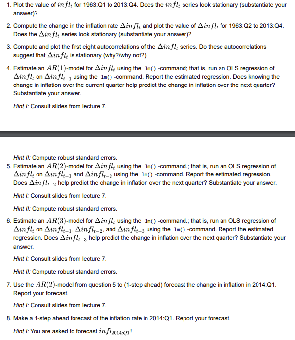 1. Plot the value of inflt for 1963:Q1 to 2013:Q4. | Chegg.com