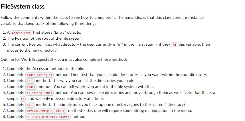 In Java complete the following: file system | Chegg.com