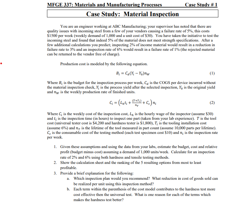 Solved Case Study: Material InspectionYou are an engineer | Chegg.com