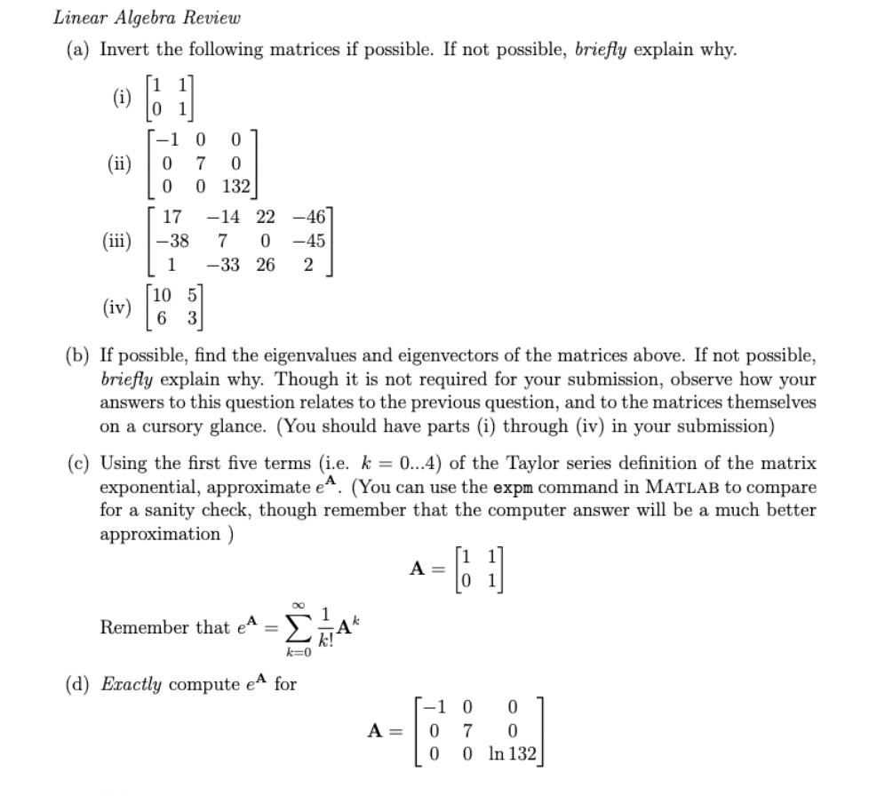 Solved Linear Algebra Review A invert The Following
