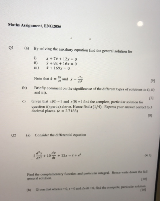 Solved Maths Assignment, ENG2086 Q1 (a By solving the | Chegg.com