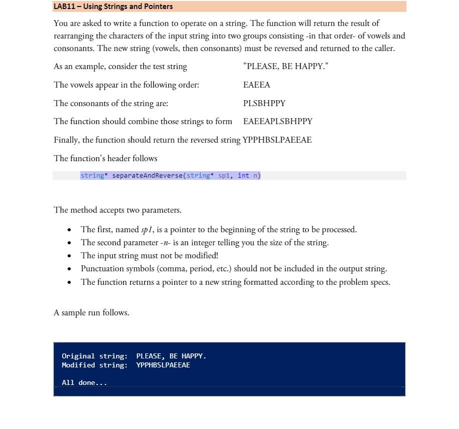 Solved LAB11 - Using Strings and Pointers You are asked to | Chegg.com