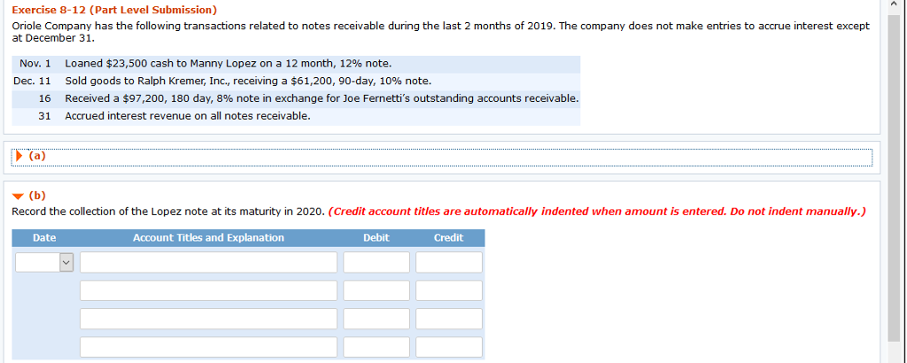 Solved Exercise 8-12 (Part Level Submission) Oriole Company | Chegg.com