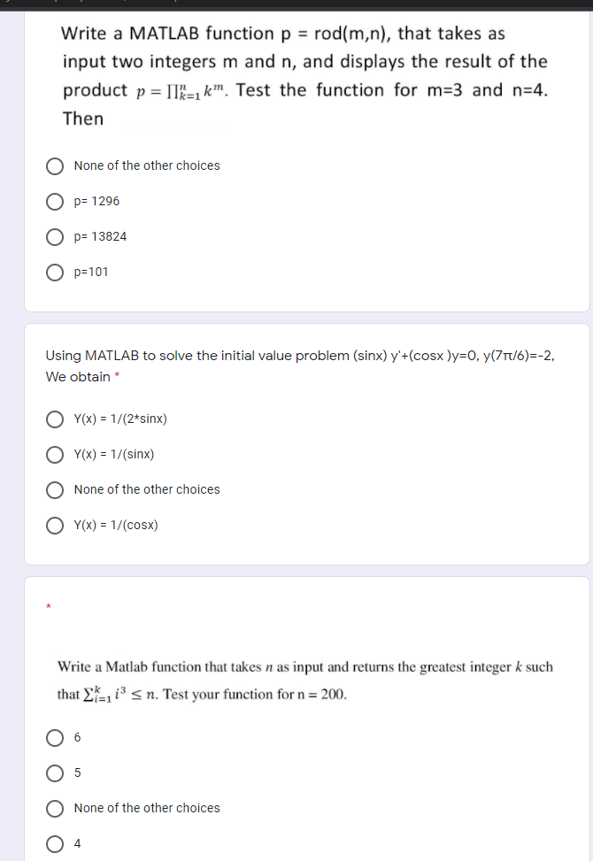 Solved Write a MATLAB function p = rod(m,n), that takes as | Chegg.com