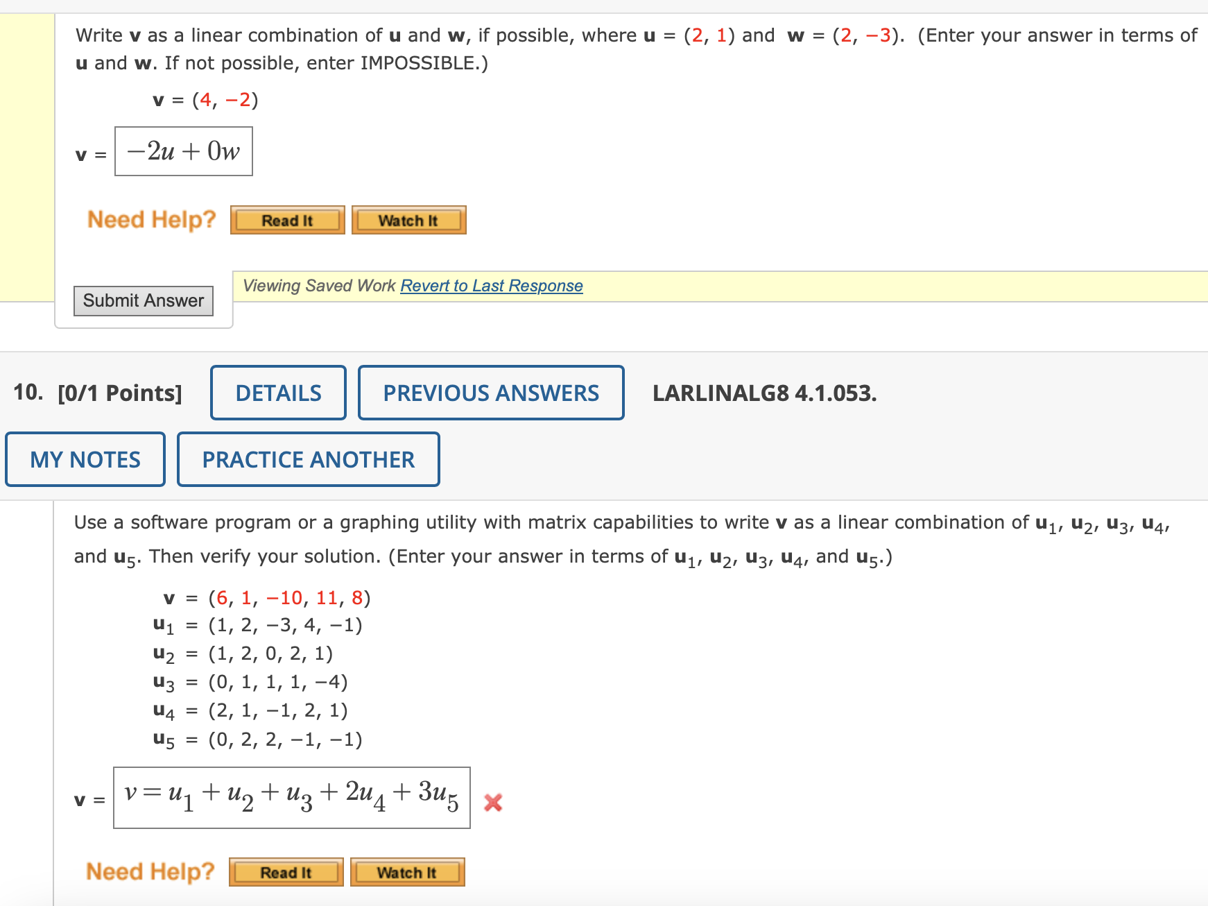 Solved Write v as a linear combination of u and w, if | Chegg.com