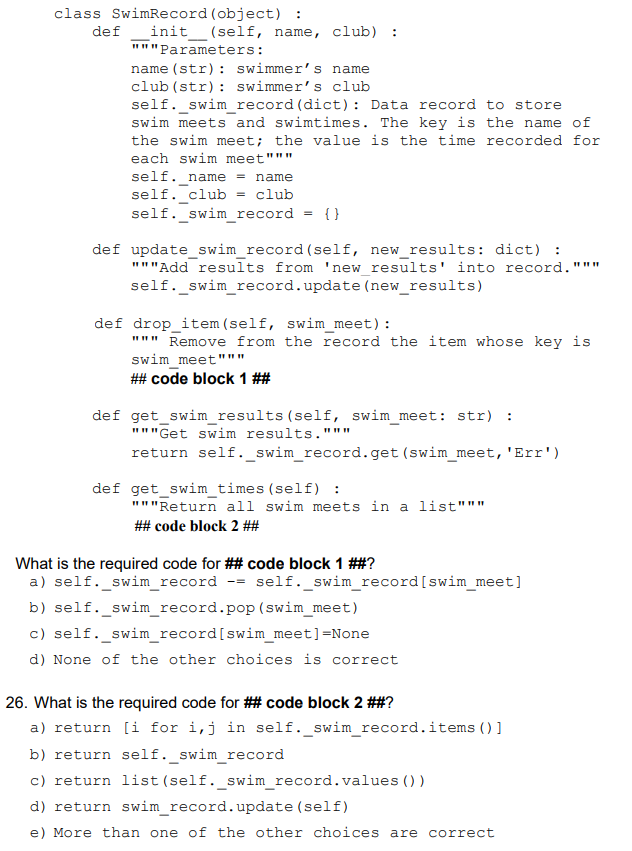 Solved class SwimRecord (object) : def init (self, name, | Chegg.com