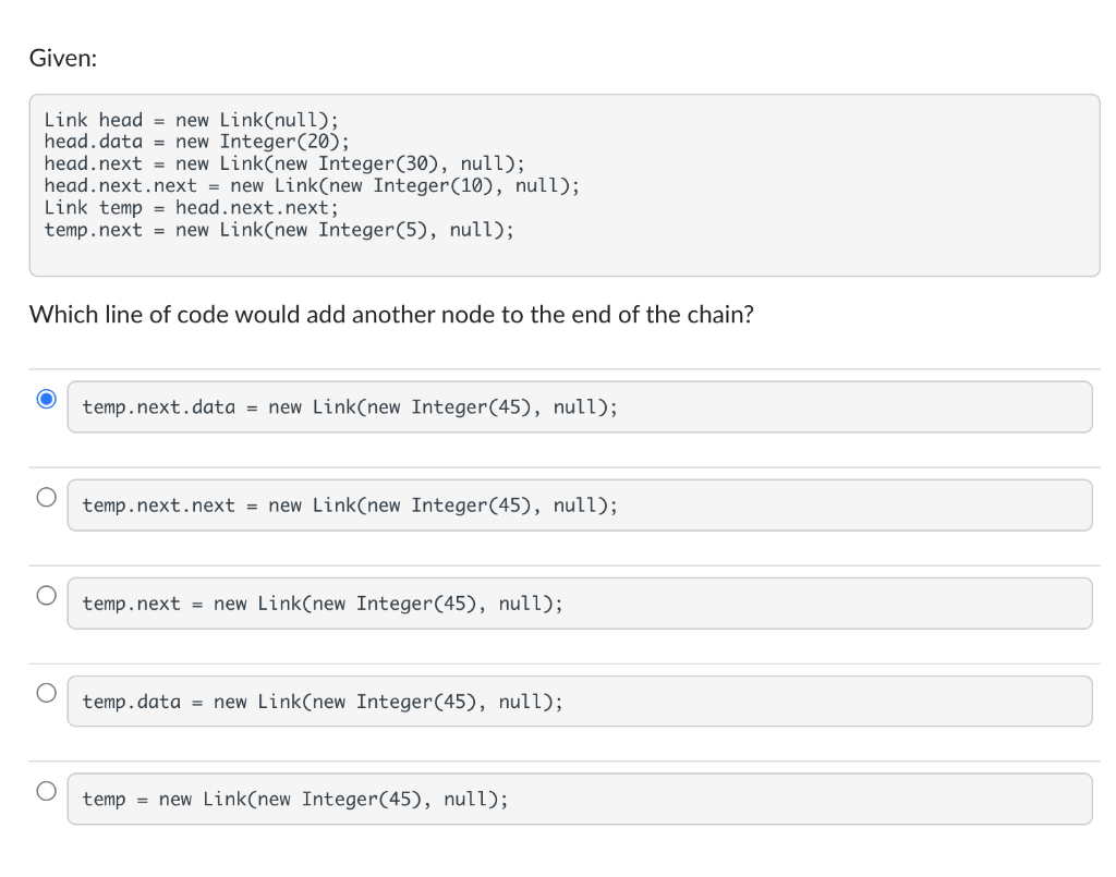 Solved Given: Link head = new Link( null ) head. data = new | Chegg.com